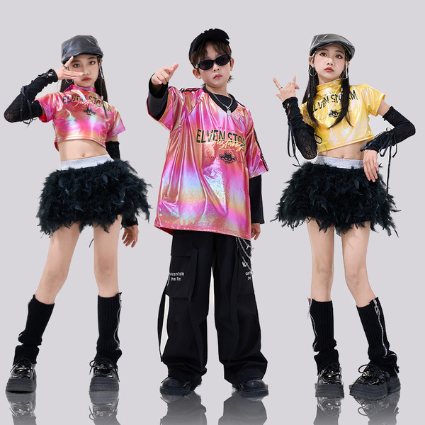 Girls pink glitter jazz dance costumes Boys rapper singers street dance ...
