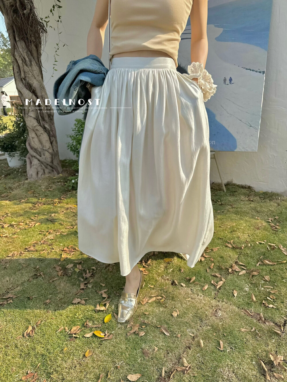 MADEINOST 春季上新休闲纯色百搭轻奢珠光小量感高腰半身裙 28037-阿里巴巴