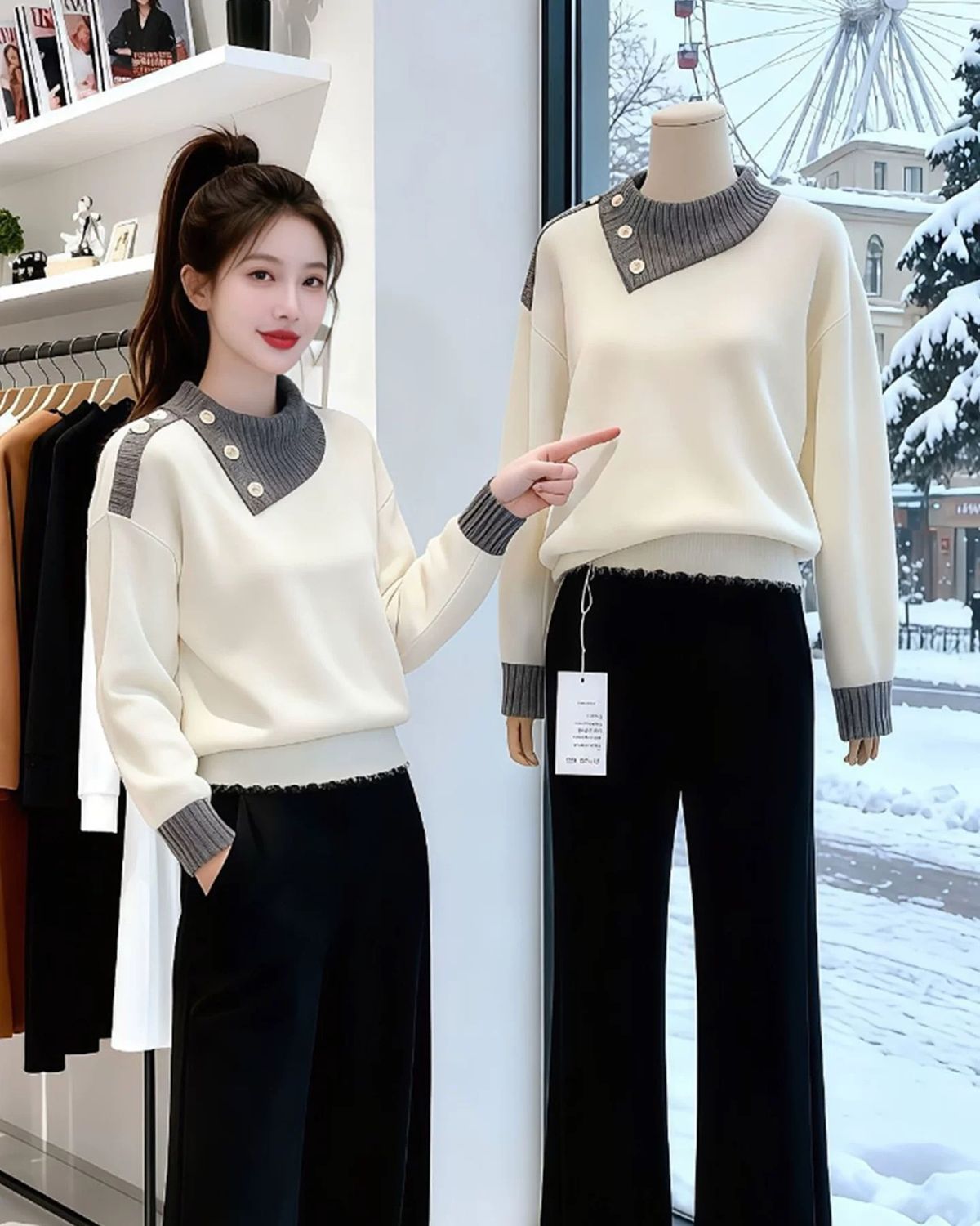 2025秋冬新款法式气质时尚轻熟风翻领针织衫女装休闲百搭毛衣上衣-阿里巴巴