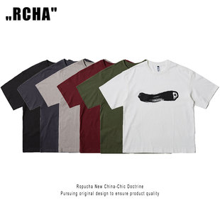 RCHA洛野男装|2024夏季笔墨印花休闲短袖情侣宽松男打底T恤FT118-阿里巴巴