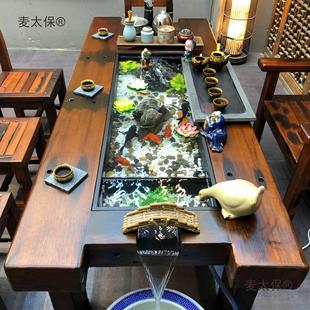 老船木流水茶桌茶台新中式茶几实木功夫茶道茶艺泡茶桌椅组麦太保-阿里巴巴