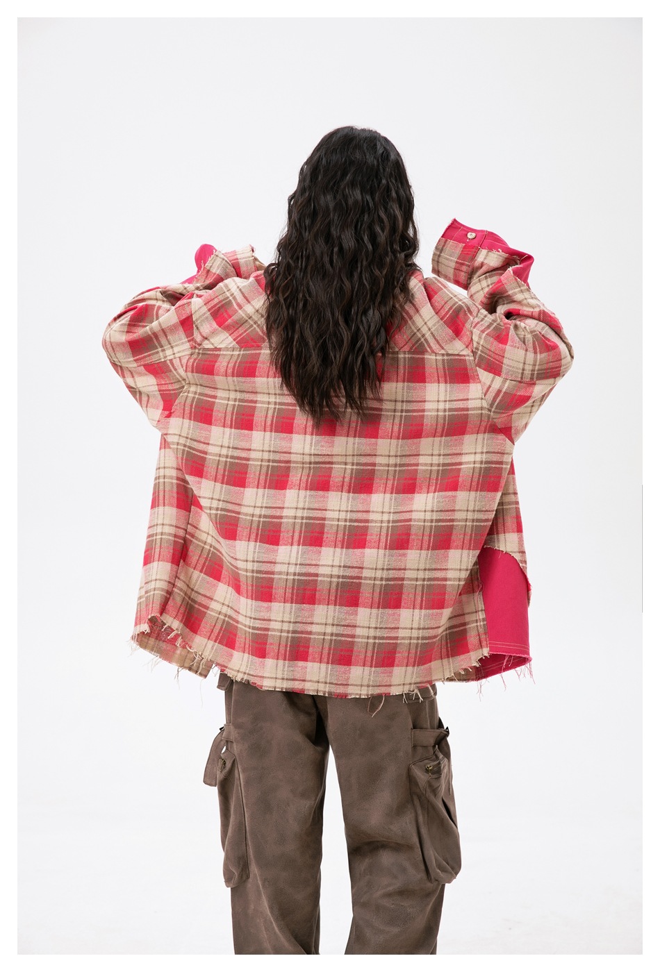 STIWAUP小众潮牌格子衬衫复古破坏拼接长袖衬衣男女情侣开衫C464-阿里巴巴