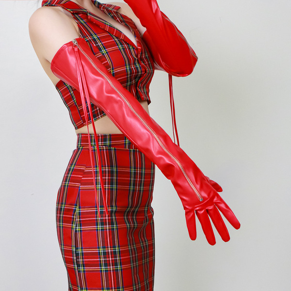 Zipper 60 cm long leather singer jazz hot dance gloves silver zipper ...