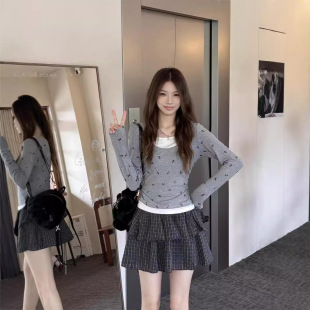 秋新品气质百搭小众假两件罩衫防晒上衣蝴蝶结印花薄款长袖T恤女-阿里巴巴