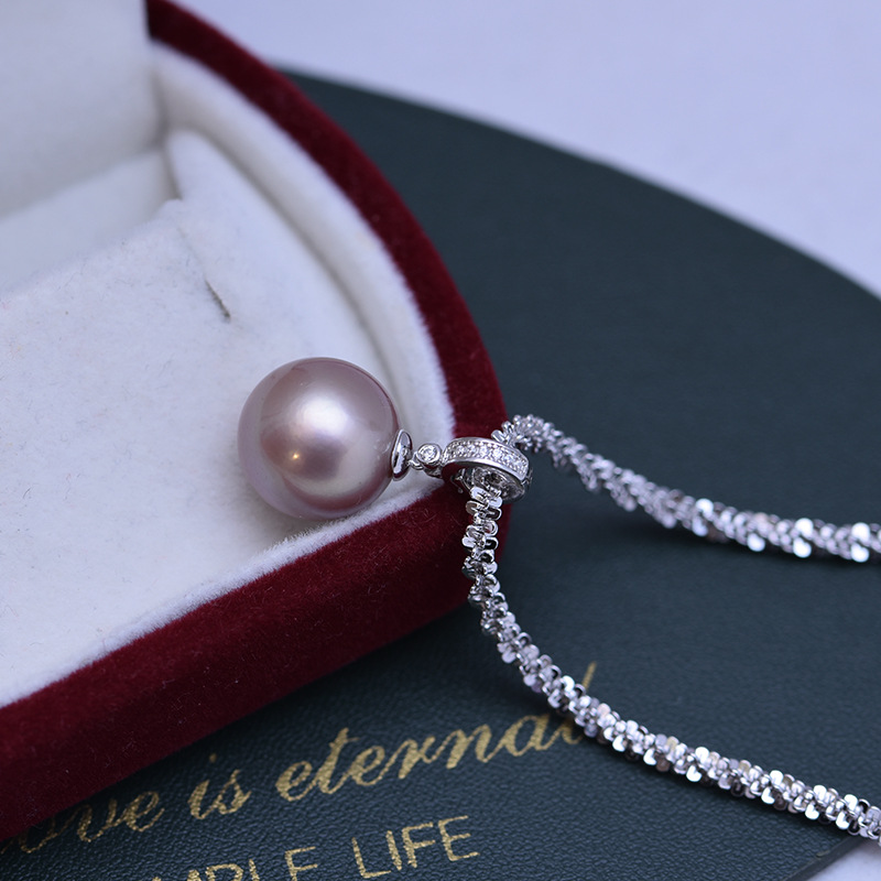 淡水13-14mm白色正圆强光细微瑕大珍珠吊坠S925银色万能扣星光链-阿里巴巴