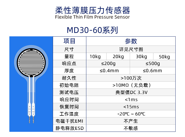 柔性薄膜压力传感器MD30-60@30kg压阻式高灵敏极速响应能斯达电子-阿里巴巴