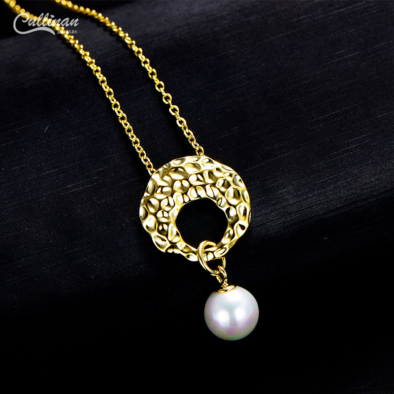 通体925纯银珍珠项链女镀金光面锤纹设计气质饰品颈链锁骨链配饰-阿里巴巴