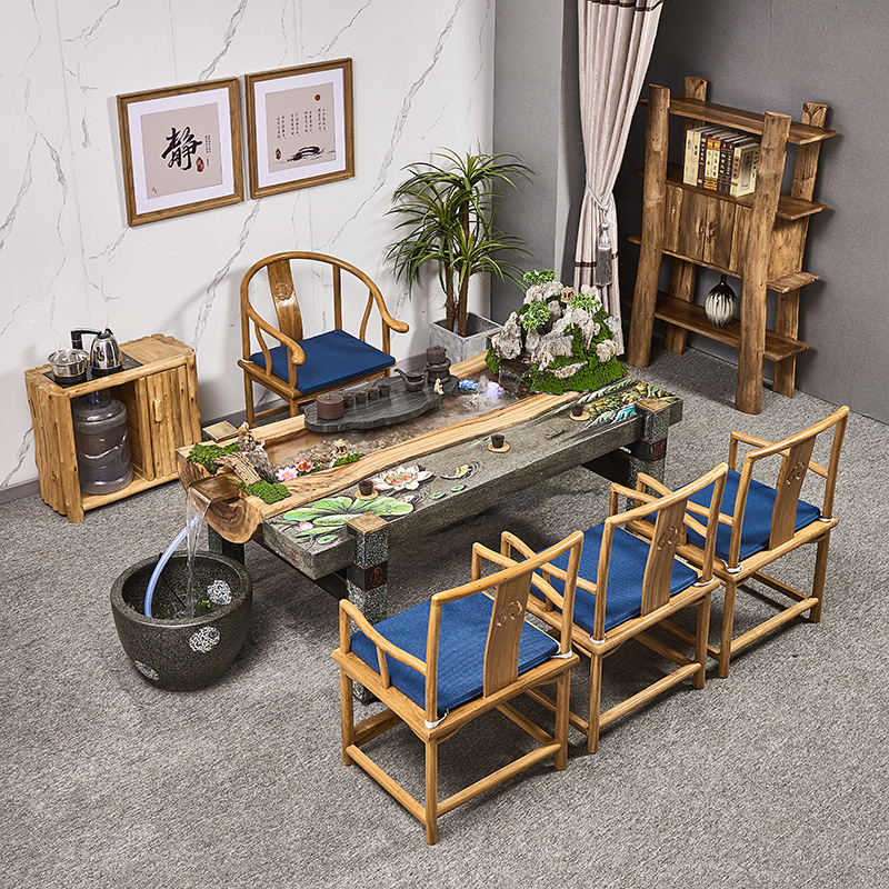 中式流水茶桌禪意香樟木實木大茶几陽臺泡茶桌循環養魚景觀茶臺 - 鴻堅網購 - 購你所想，享你所購！