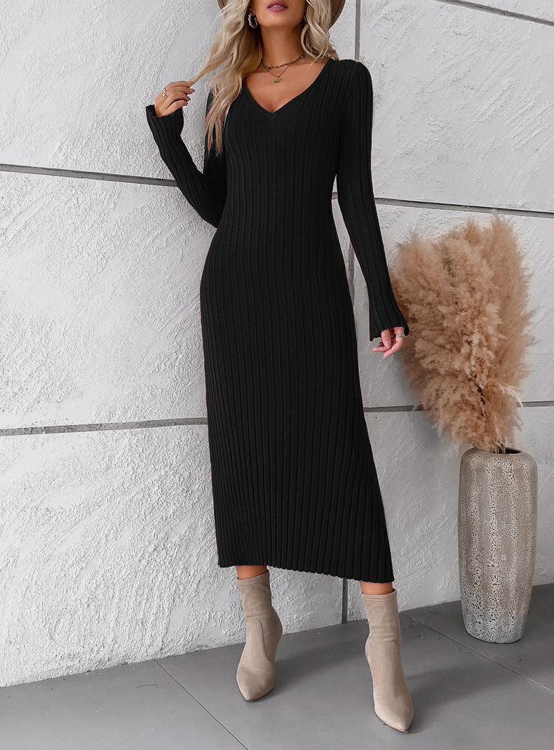 Women's Elegant Solid Color V-Neck Long Sleeve Sweater Dress