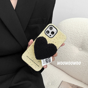 WOOWOOWOO小众ins奶油黄手机壳毛绒爱心支架适用苹果14iphone1516-阿里巴巴