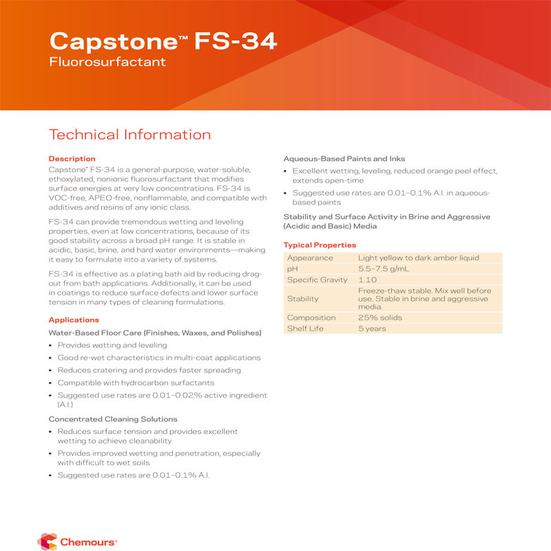 销售美国科慕化学 CAPSTONE FS-34水溶性非离子氟碳表面活性剂-阿里巴巴