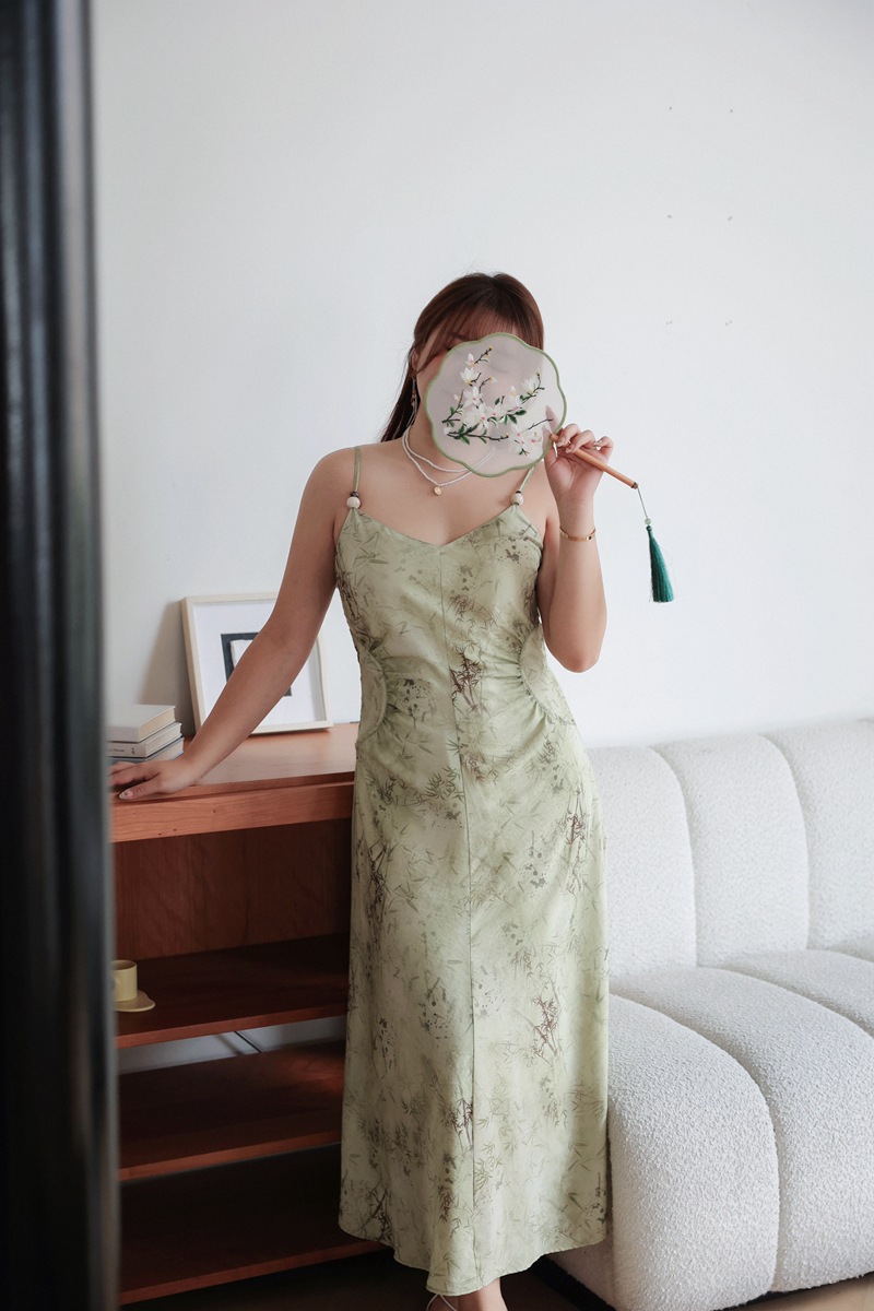 润其N8657翠竹禅意新中式V领串珠吊带裙批发 大码国风吊带连衣裙-阿里巴巴