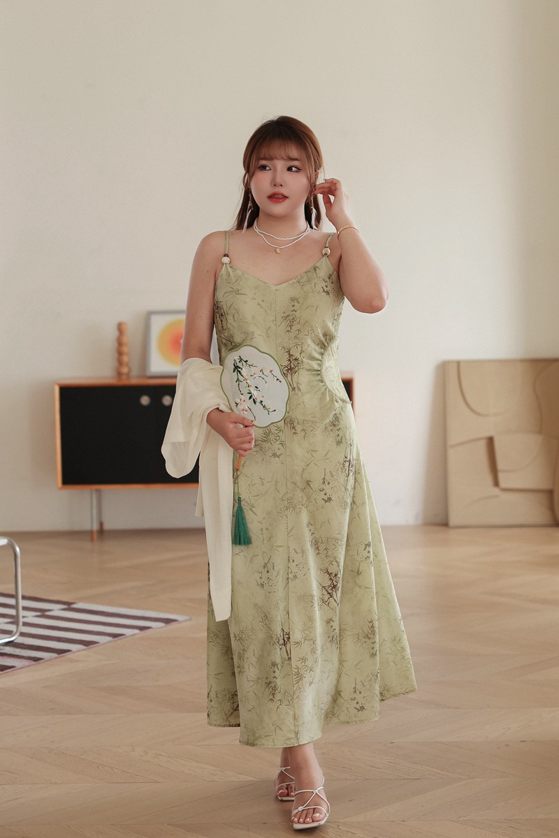 润其N8657翠竹禅意新中式V领串珠吊带裙批发 大码国风吊带连衣裙-阿里巴巴