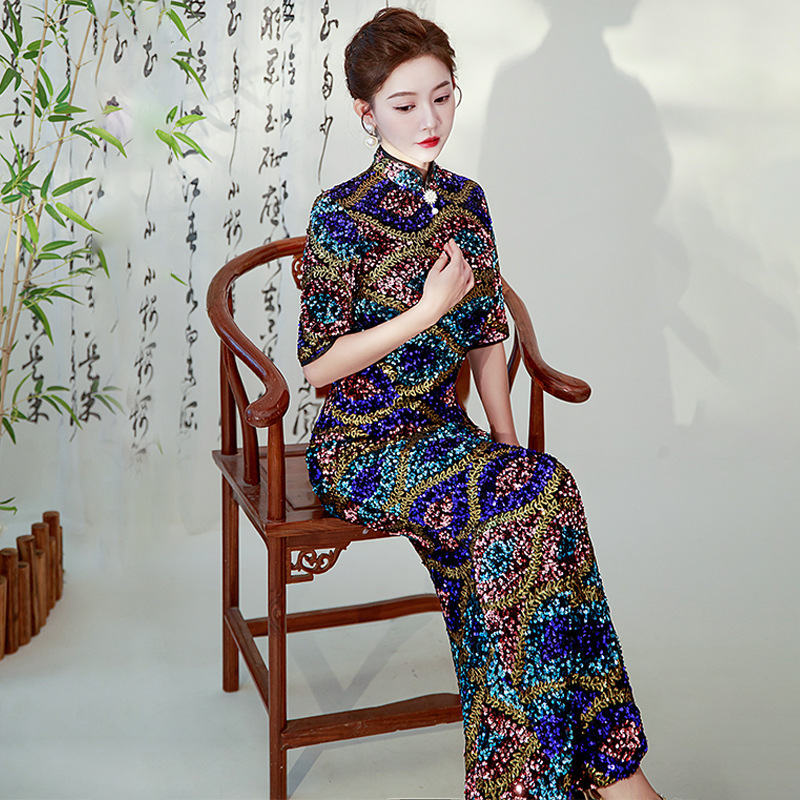 Colorful Sequins cheongsam ChineseDresses Oriental Qipao high-end ...