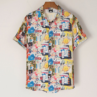 ins甜酷可爱卡通满印花短袖衬衫男2024夏季新款宽松休闲情侣衬衣-阿里巴巴