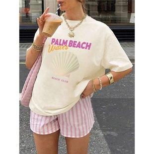 Women's Summer Casual Vacation Style PALM BEACH Shell Printe-阿里巴巴