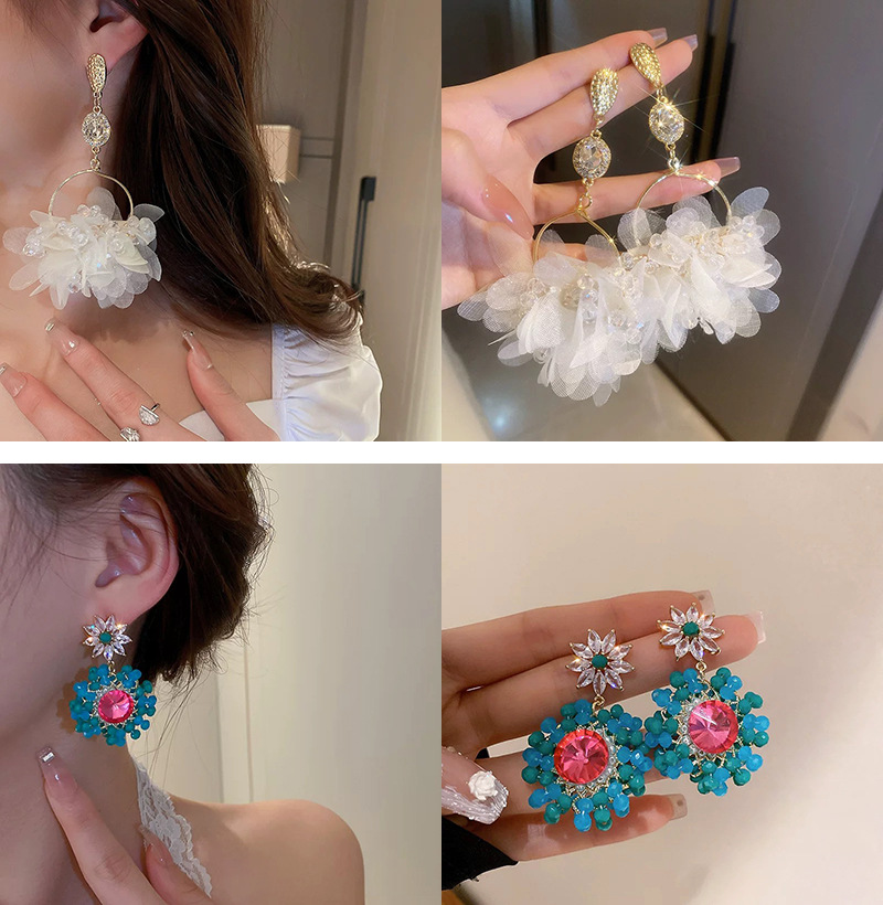 银针时尚水晶镶钻花朵流苏耳环个性设计感珍珠耳钉小众气质耳饰女-阿里巴巴
