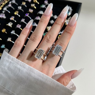 跨境高级感S925纯银戒指女轻奢大颗主石9*15mm祖母切锆石闭口戒批-阿里巴巴