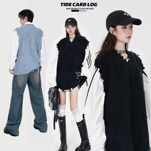 TIDE CARD LOG|美式复古流苏不规则破洞撞色绣花马甲针织衫毛衣潮-阿里巴巴