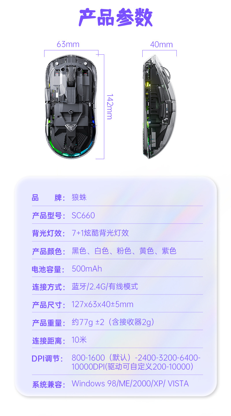 AULA狼蛛SC660无线鼠标蓝牙三模透明电竞游戏笔记本电脑家用男生-阿里巴巴