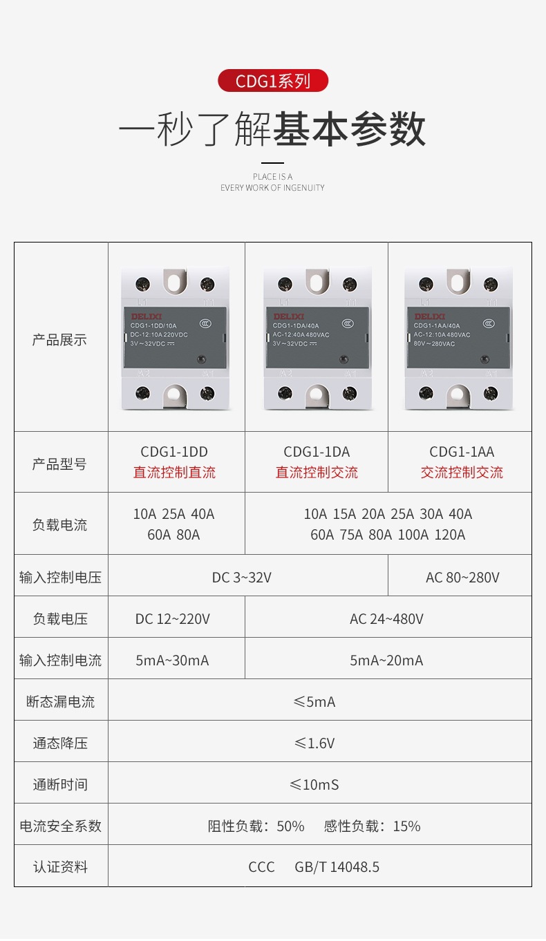 德力西 固态继电器CDG1-1AA1DA1DD交流AC控直流AD10A20A40A60A80A-阿里巴巴