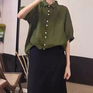 新品休闲苎麻纯色衬衫女复古宽松简约短款翻领中袖宽松开衫-阿里巴巴