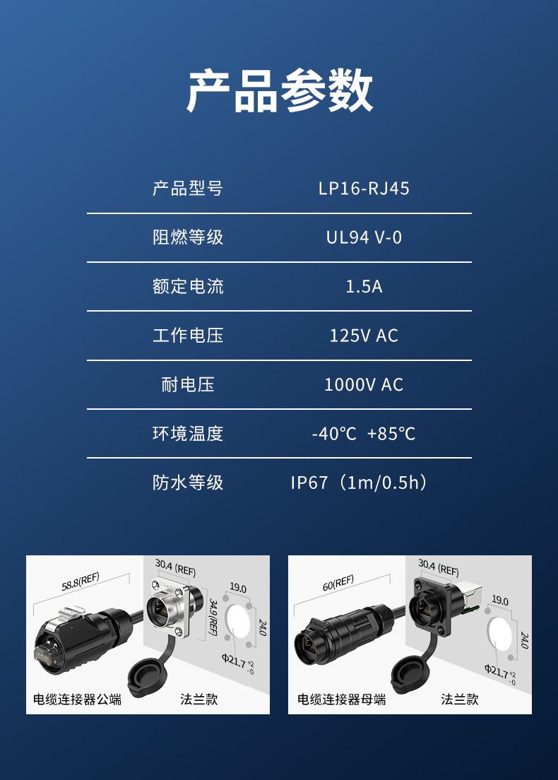 LP16-RJ45以太网防水连接器法兰安装设备面板网口插头金属插座-阿里巴巴