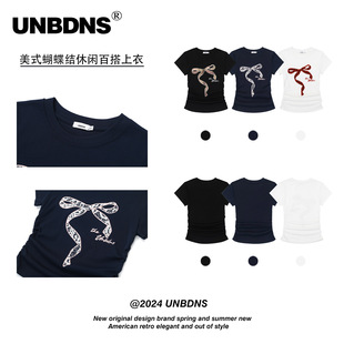 UNBDNS美式复古蕾丝贴布刺绣蝴蝶结短袖女夏新款修身显瘦短款T恤-阿里巴巴