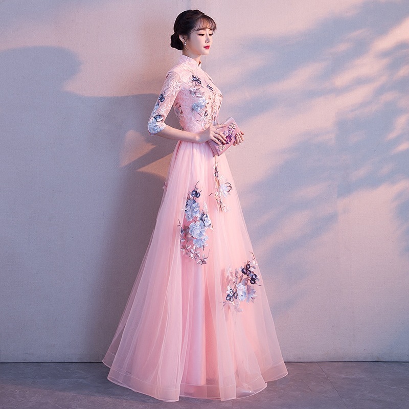 Temperament pink wine silver party dress qipao elegant atmosphere ...