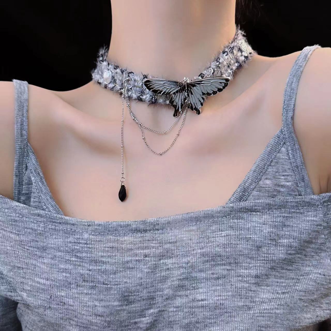 y2k辣妹风毛绒蝴蝶choker项链女潮酷哥特亚文化颈带锁骨链配饰潮-阿里巴巴