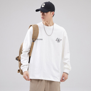 260g重磅纯棉长袖t恤男士潮牌ins字母印花上衣秋季宽松圆领打底衫-阿里巴巴