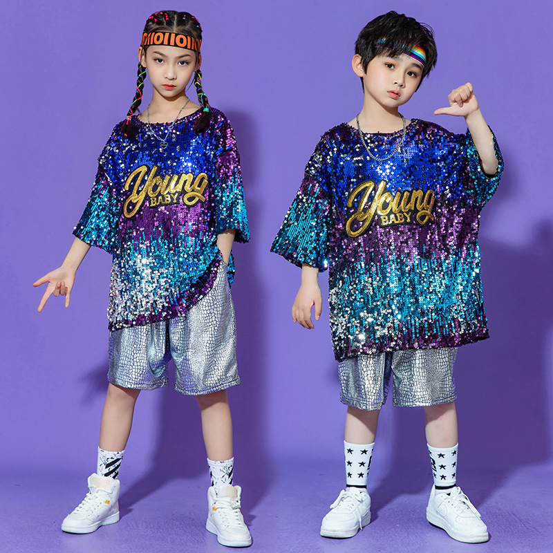 Children singer rapper blue sequined sparkle hip hop street jazz dance ...