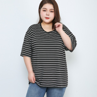 200斤大码女装 胖m 条纹弹力短袖上衣 宽松女短袖T恤 300斤上衣-阿里巴巴
