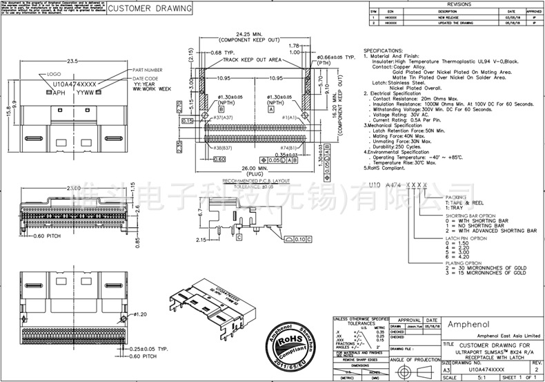 安费诺 U10A474250T SFF-8654 8X卧式母座 SlimSAS 74PIN 24G版-阿里巴巴
