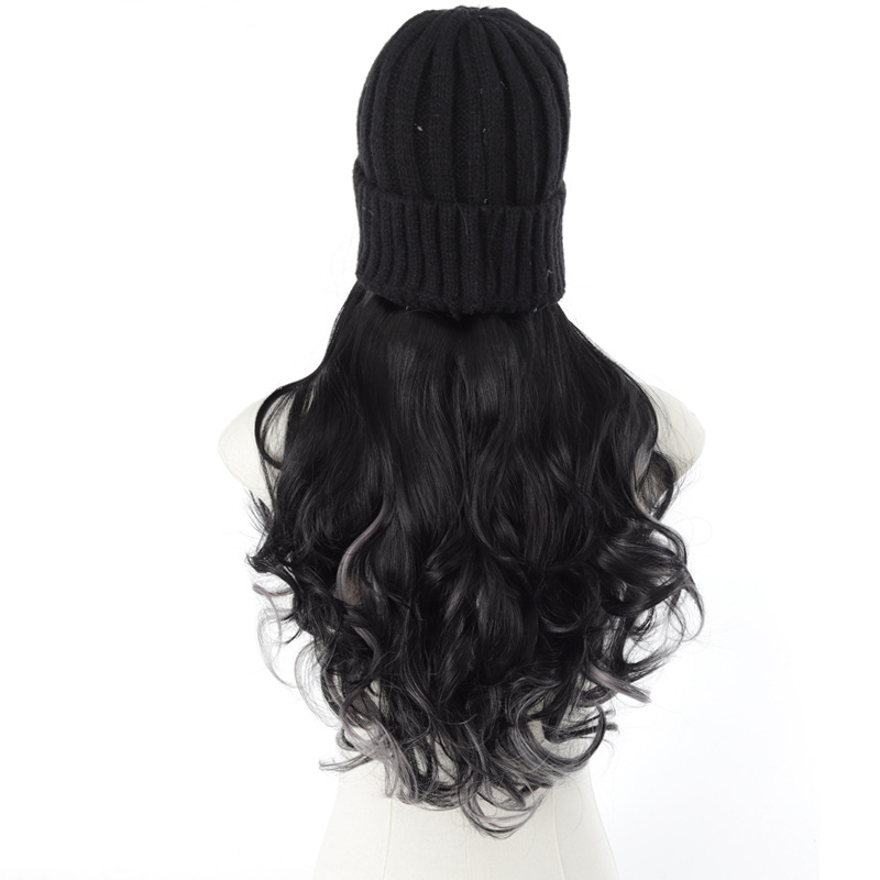 假发帽子一体全头套女秋冬时尚针织帽挑染仿真发长卷发毛线假发帽-阿里巴巴