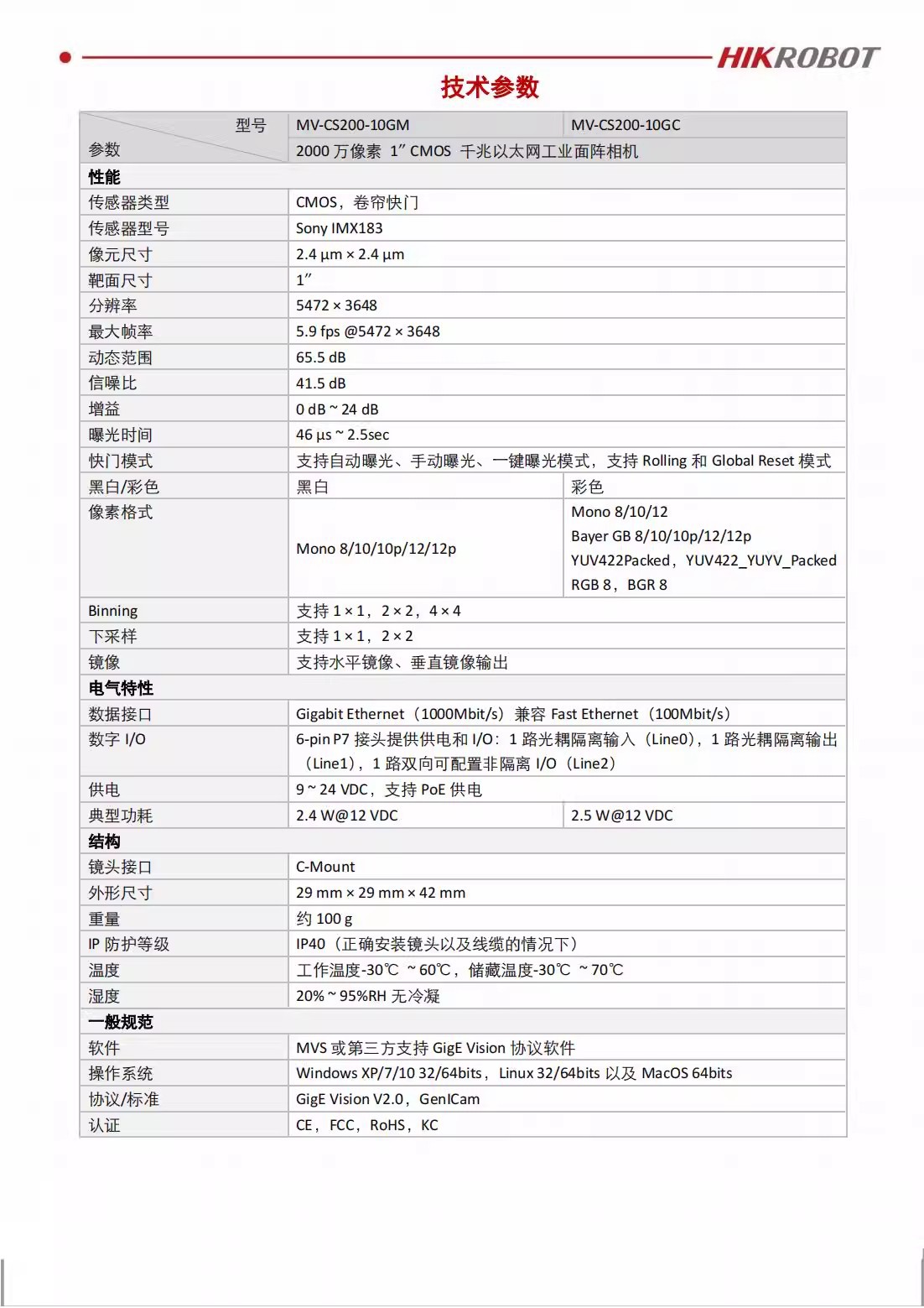 海康工业相机MV-CS200-10GM/GC 2000万像素 1" CMOS 千兆以太网-阿里巴巴