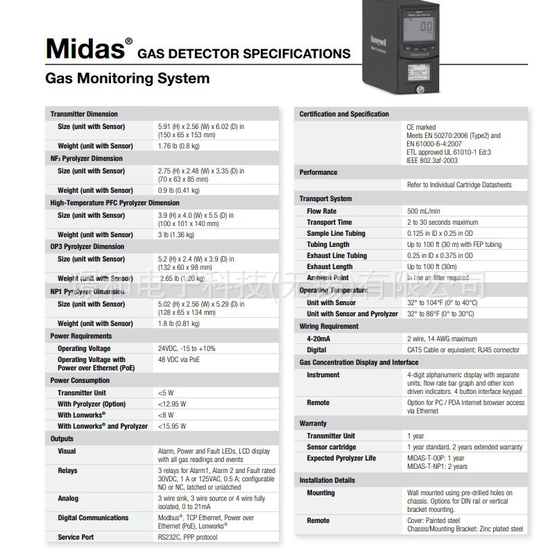 美国Honeywell霍尼韦尔 气体探测器 MIDAS-E-CO2 MIDAS-S-CO2-阿里巴巴