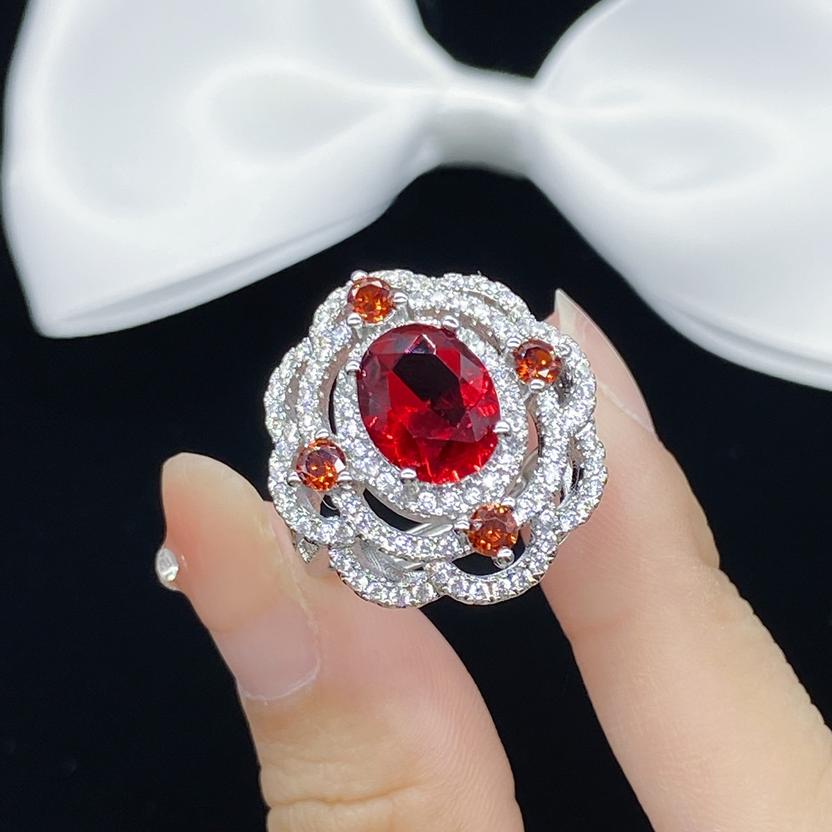Ruby crystal statement hollow flower rings,
