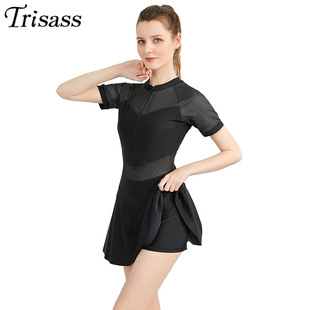 Trisass 高颜值蕾丝网纱性感镂空裙式连体平角女泳衣短袖显瘦拉链-阿里巴巴