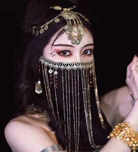 汉服面纱 古风流苏挂耳面帘 古装女侠黑色遮面异域民族风面罩额饰-阿里巴巴