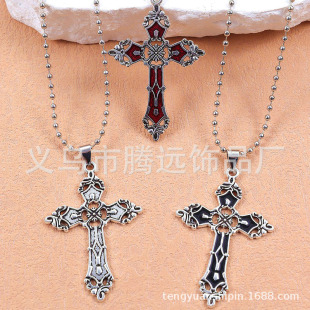 亚马逊热销复古古银古滕花纹十字架项饰暗黑朋克风血红色哥特项链-阿里巴巴