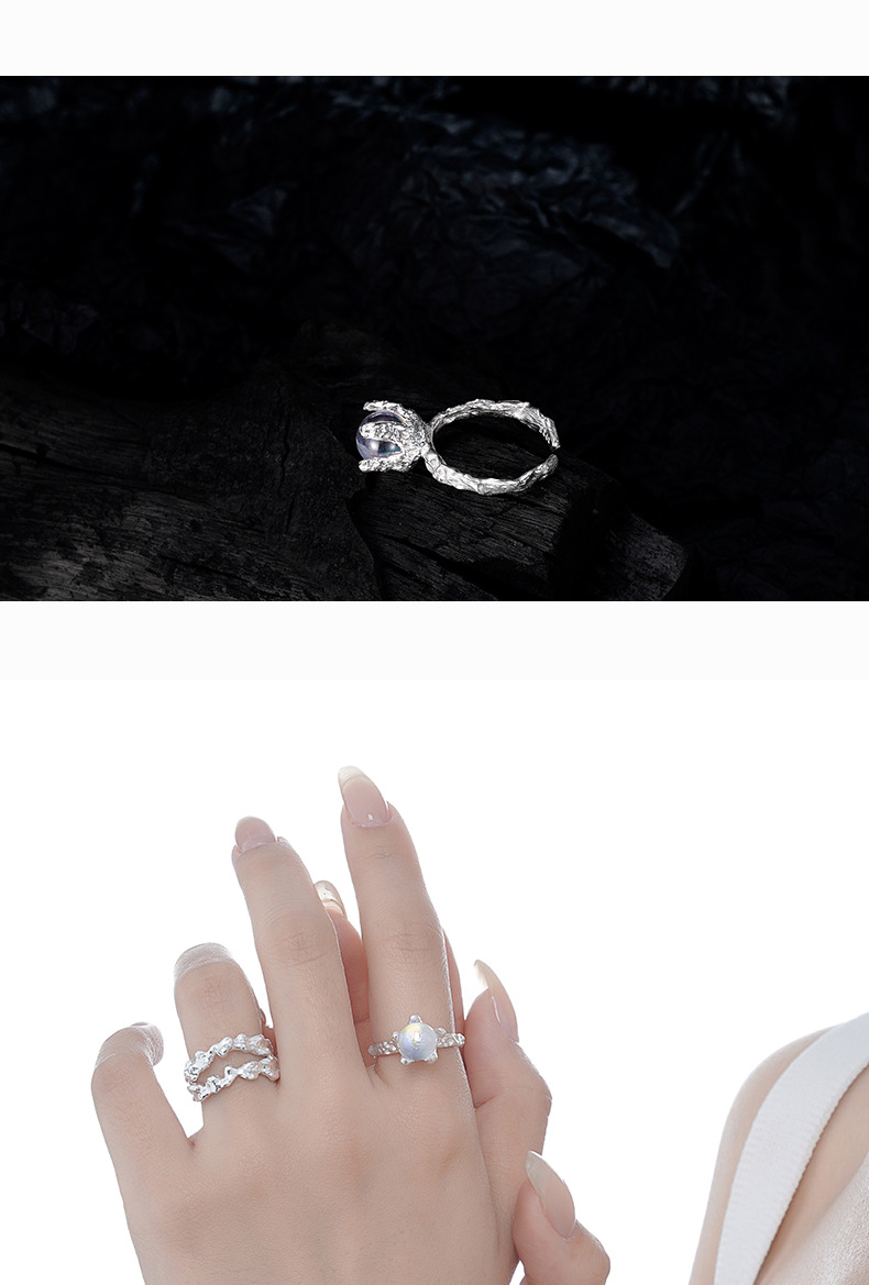J1274韩版小众设计S925纯银彩色月光石戒指女ins风开口异形细指环-阿里巴巴