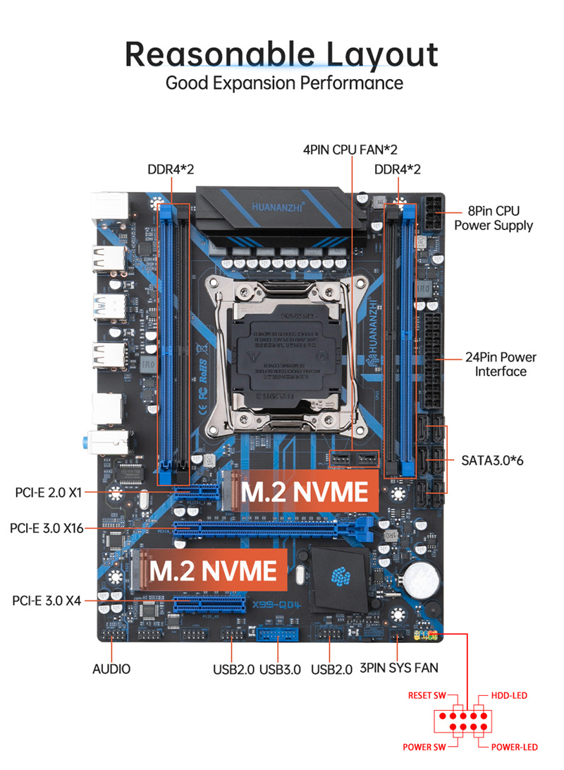 huananzhi X99-QD4主板四通道ddr4内存台式电脑游戏多开lga2011-3-阿里巴巴