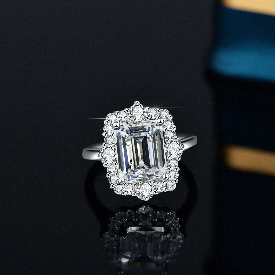 S925银莫桑石戒指女款豪镶异形钻祖玛绿长方形矩形钻戒4克拉戒子-阿里巴巴