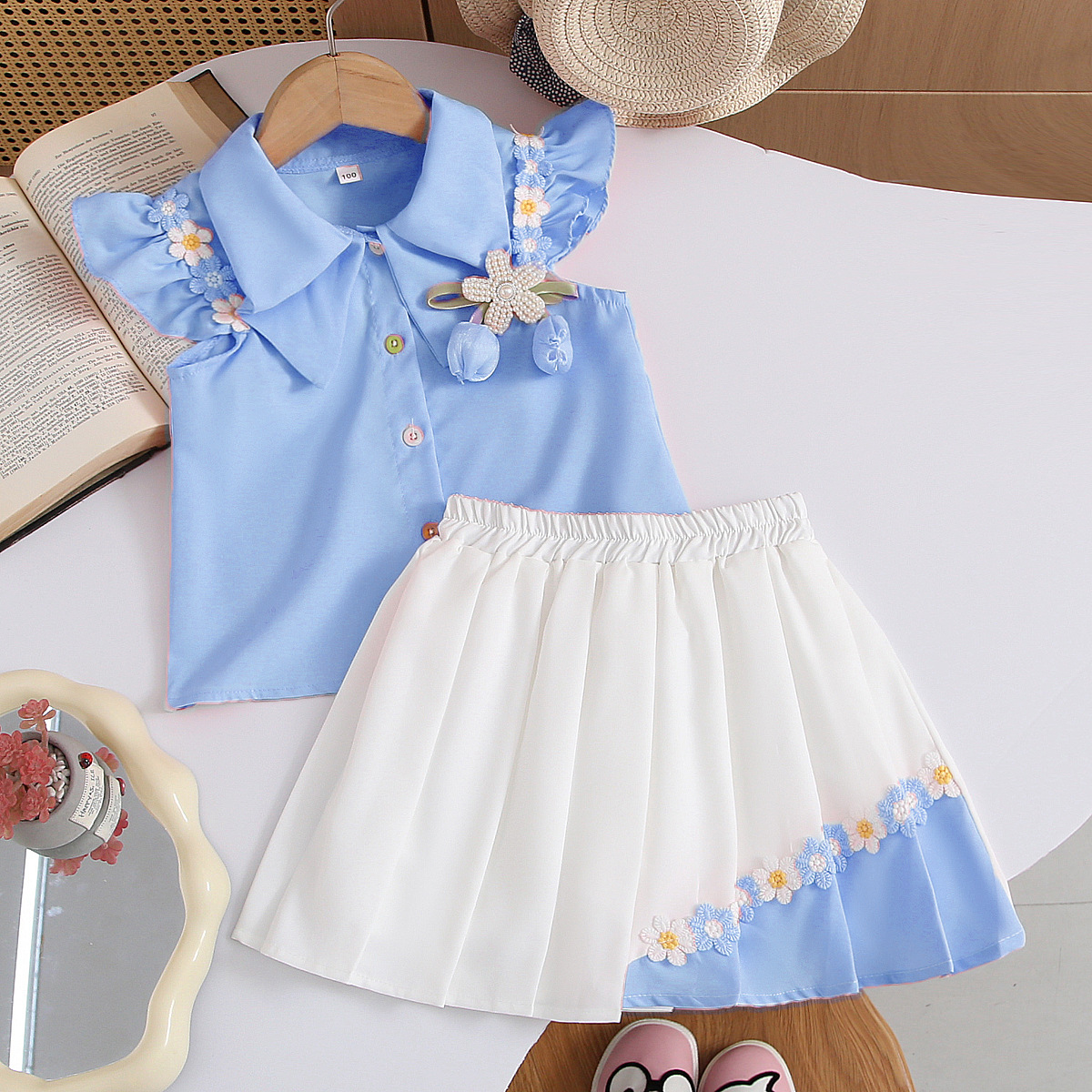 女童套装夏季新款儿童装洋气短袖夏装小女孩衬衫百褶裙两件套6731-阿里巴巴