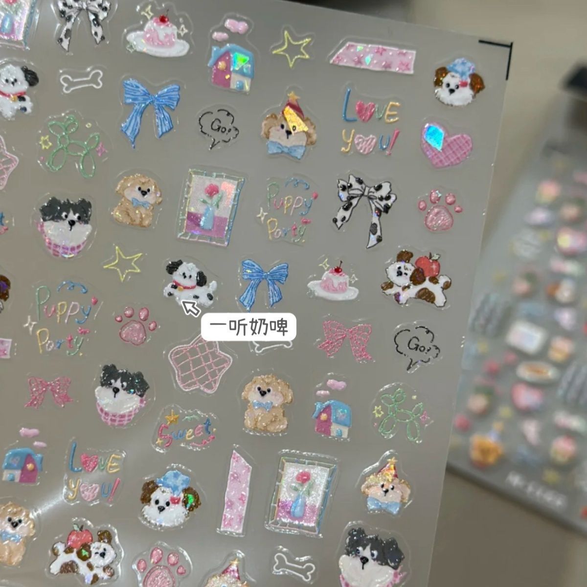 韩系软萌涂鸦小狗蝴蝶结美甲贴纸ins手绘可爱小狗手账贴纸贝壳光-阿里巴巴