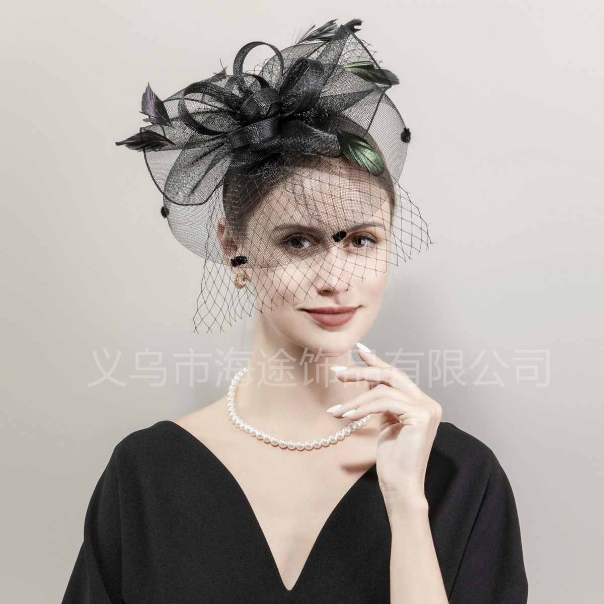 Cross-border new retro banquet dinner catwalk headdress mesh cover ...