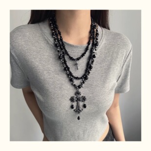 多层叠戴哥特风黑色串珠十字架项链女秋冬长款毛衣链高级感配饰-阿里巴巴
