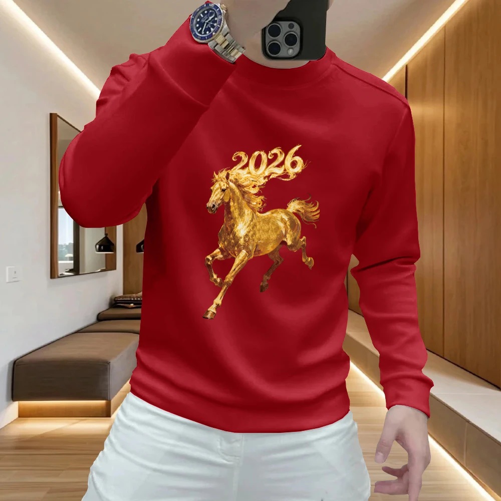 本命年秋季潮流男新款休闲装圆领卫衣痞帅风金马印花时尚百搭长袖-阿里巴巴