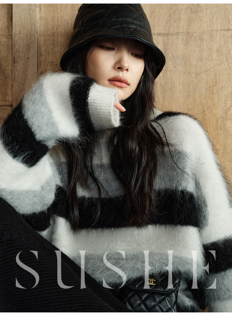 束皙/SUSHE 高比例羊驼毛复古高街配色条纹慵懒休闲套头毛衣女冬-阿里巴巴